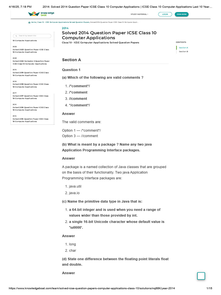 Solved 2014 Question Paper ICSE Class 10 Computer Applications | PDF | Integer (Computer Science ...