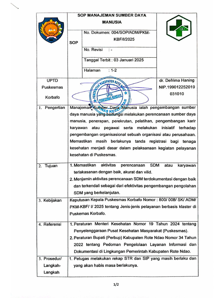 SOP. Manajemen Sumber Daya Manusia | PDF