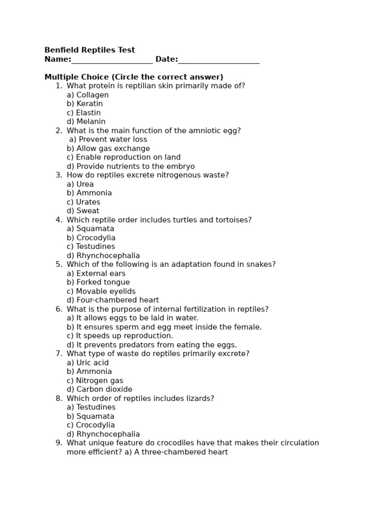 Reptiles Knowledge Assessment Test | PDF | Reptile | Lizard