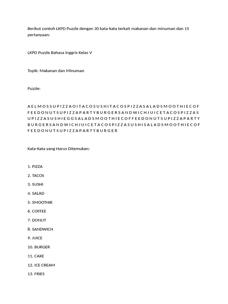 LKPD Puzzle Makanan dan Minuman Kelas V | PDF