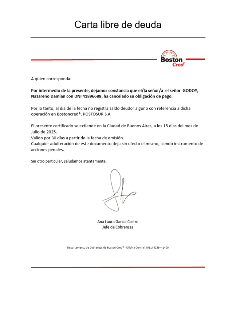Certificado de Deuda Cancelada | PDF
