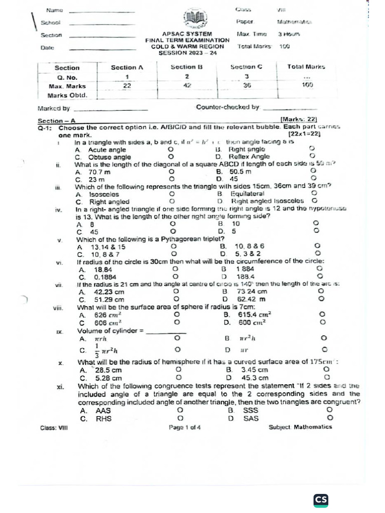 Maths Viii Past Paper | PDF