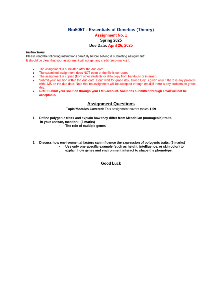 Bio505T Genetics Assignment Guidelines | PDF