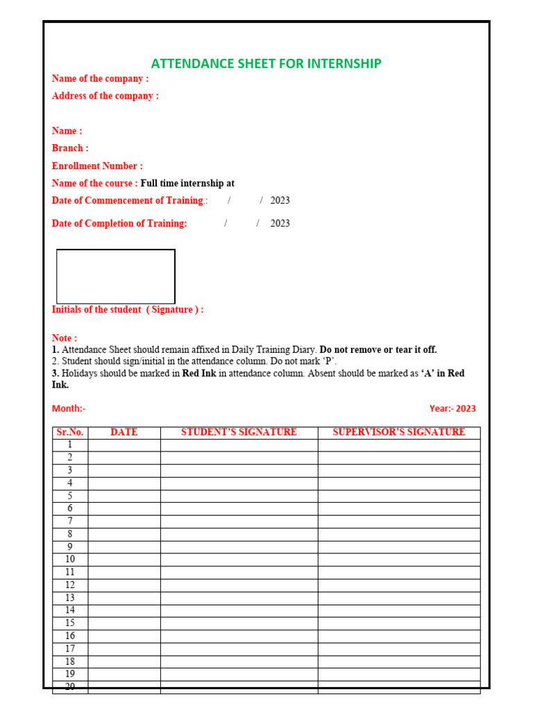 Attendance Sheet 7th Sem. Internship | PDF