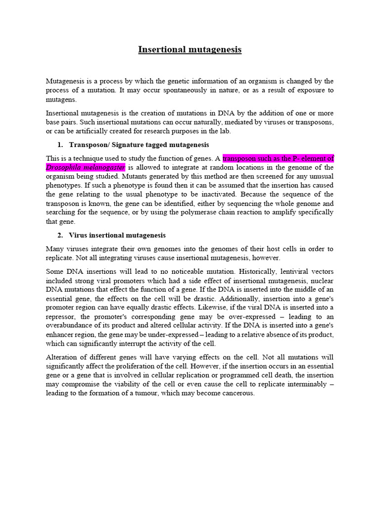 Unit-4 Insertional Mutagenesis | PDF | Biotechnology | Health Sciences