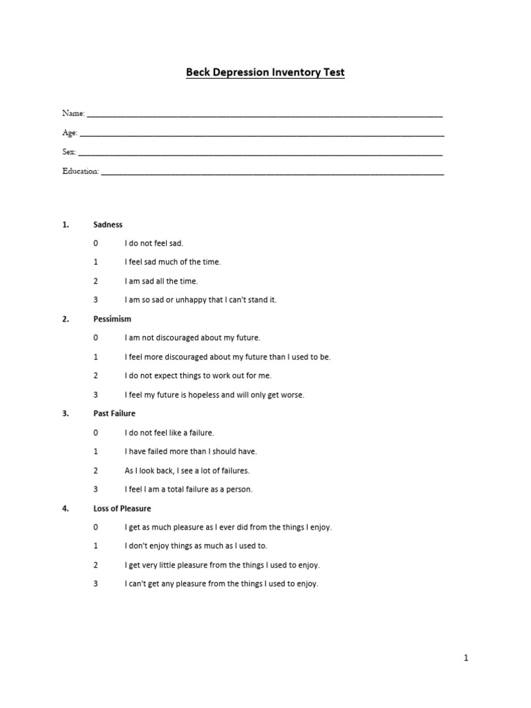 Beck Depression Inventory Questionnaire | PDF | Psychology