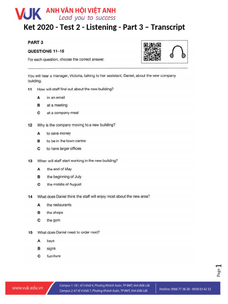 Ket 2020 - Test 2 - Listening - Part 3 - Transcript | PDF