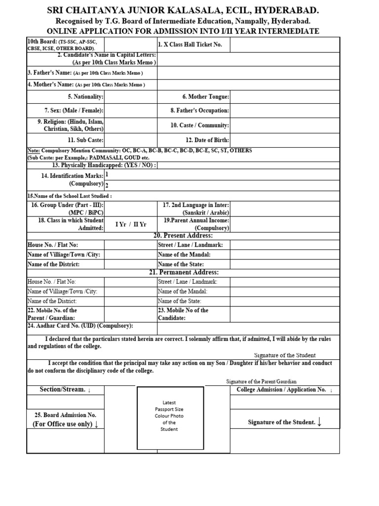 1st Year Bie Online Application Form-2024-2025 | PDF