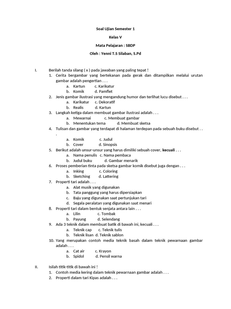 Soal SBDP Sem 1 Kls 5 | PDF