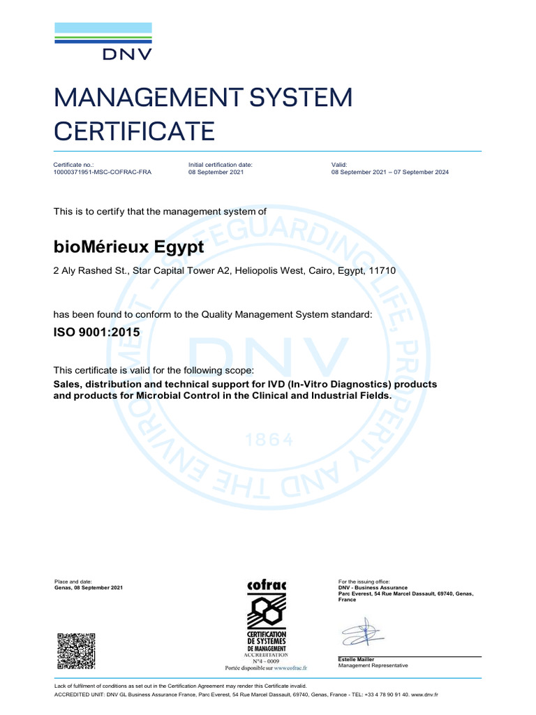 Biomerieux Egypt Iso 9001 10000371951 MSC Cofrac Fra Eng | PDF