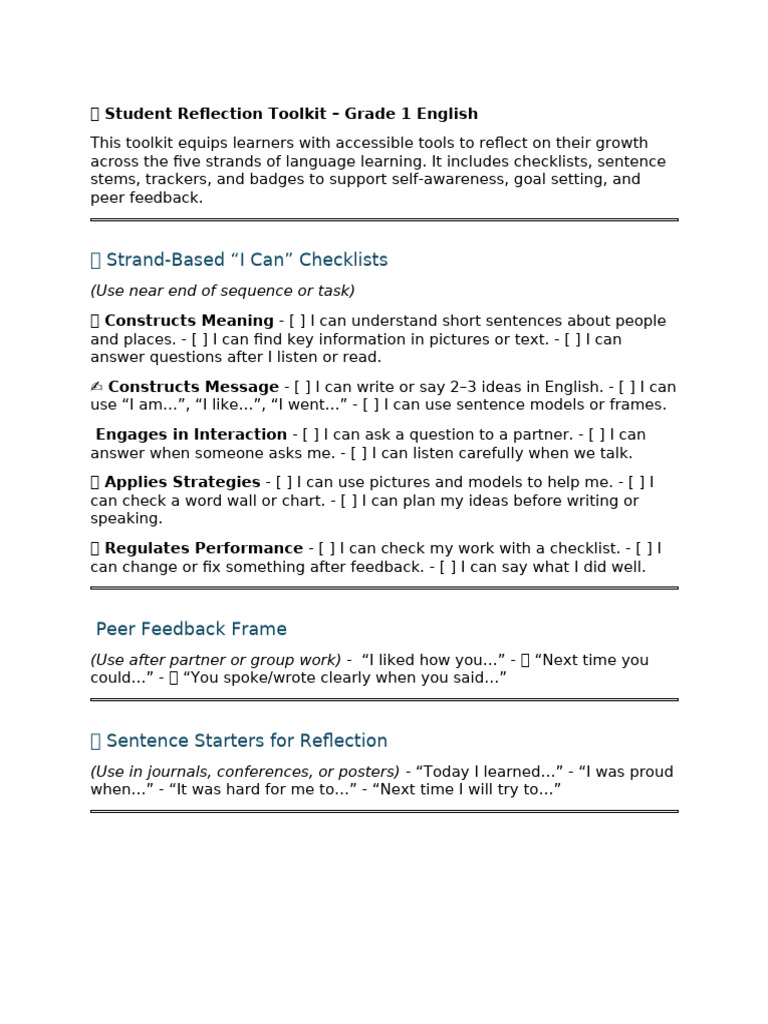 Student Reflection Toolkit Grade1 | PDF