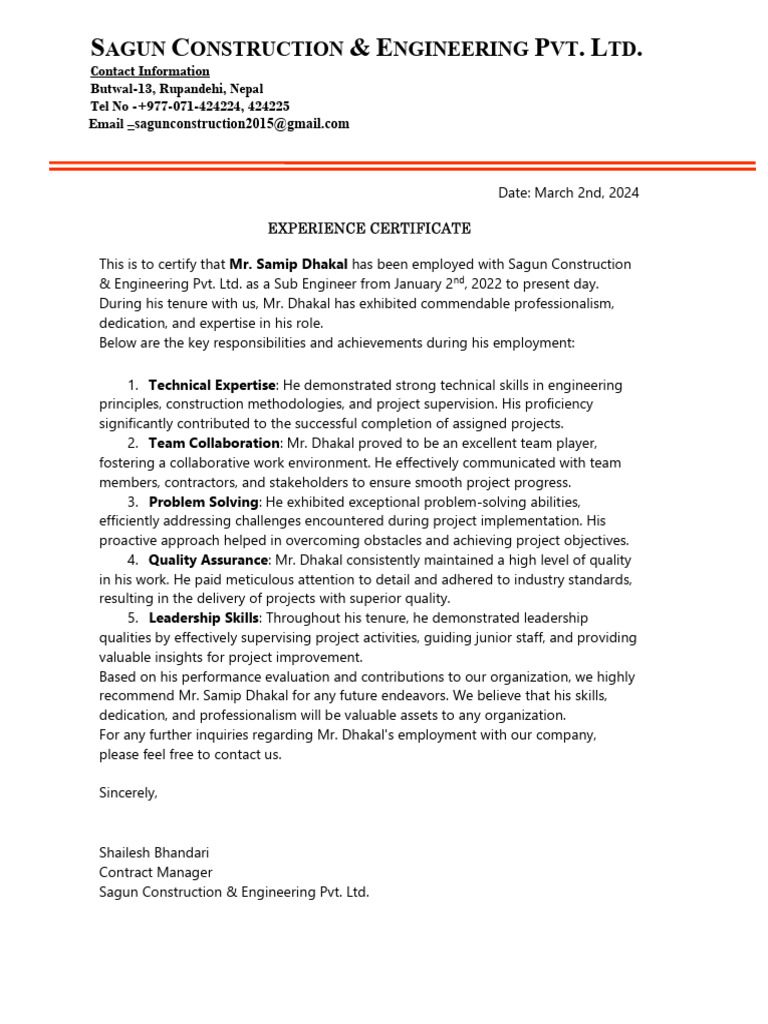 Baira Samip Bhitra Madan Experience Certificate | PDF