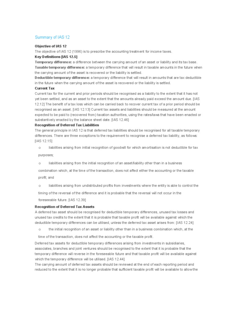 Summary of IAS 12 | Deferred Tax | Tax Expense