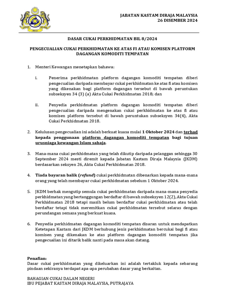 Dasar Cukai Perkhidmatan Bil. 8 2024 | PDF