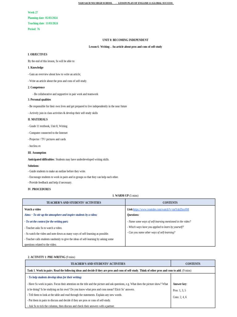 English 11 Lesson Plan: Self-Study Pros and Cons | PDF | Learning ...