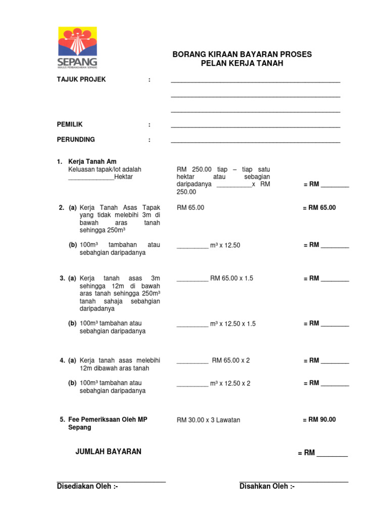 Borang Kiraan Proses Pelan Kerja Tanah, Jalan Dan Perparitan | PDF