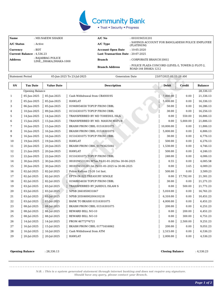 CBBL ACCOUNT STATEMENT 05-Jun-2025 To 23-Jul-2025 0010194531201 | PDF ...