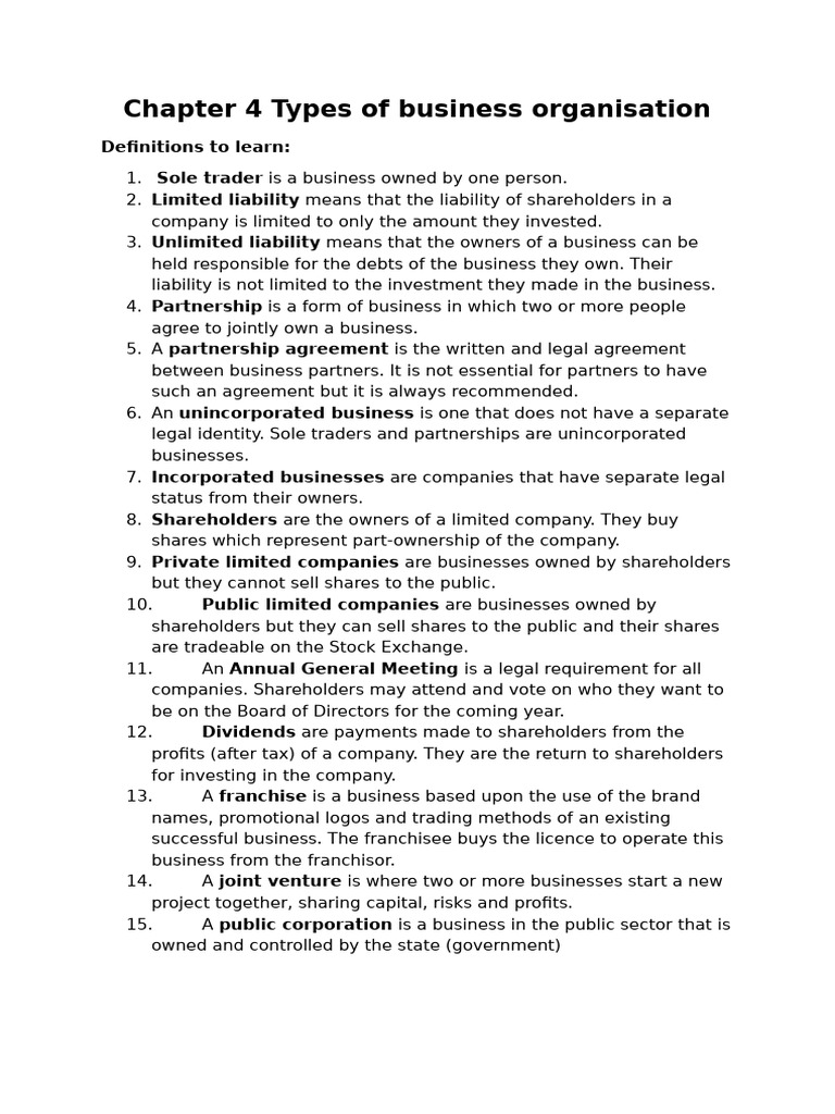 Chapter 4 Types of Businesses Notes | PDF | Partnership | Franchising