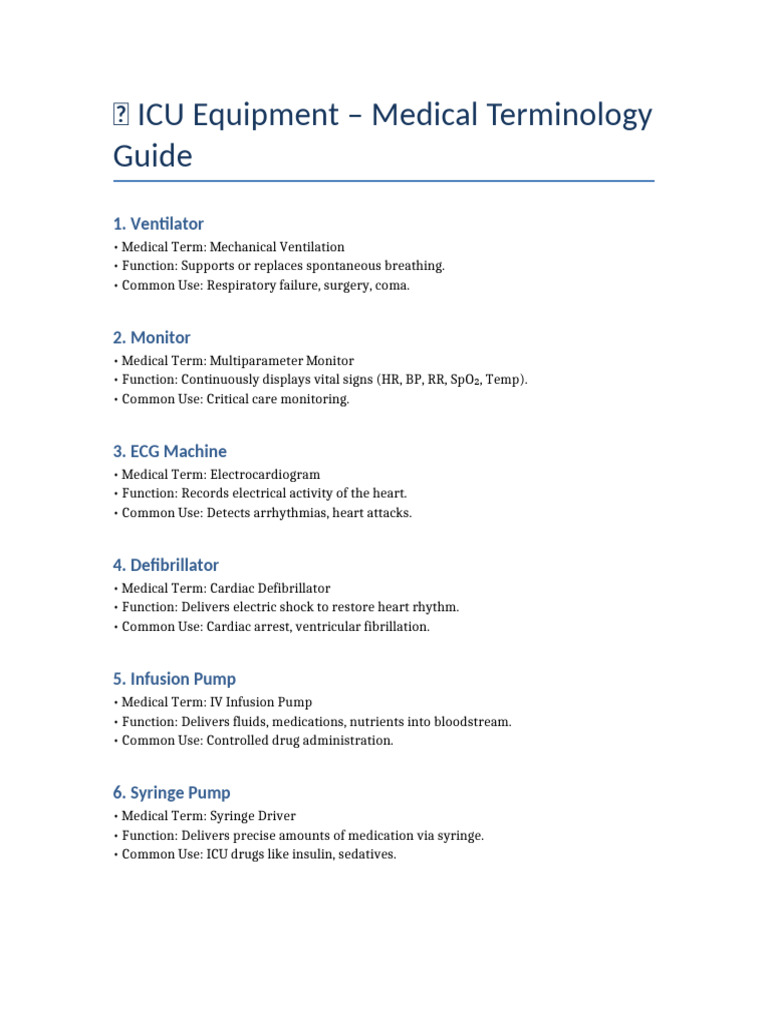 ICU Equipment Medical Terminology Guide | PDF