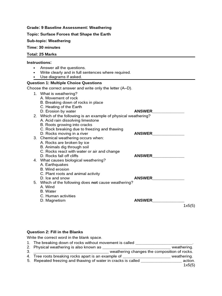 Grade 9 Weathering Assessment Guide | PDF | Weathering | Canyon