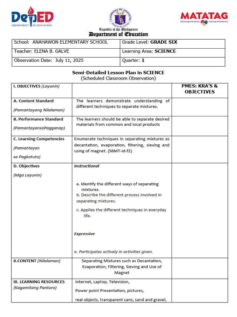 Grade 6 Science Lesson Plan: Separating Mixtures | PDF | Learning ...