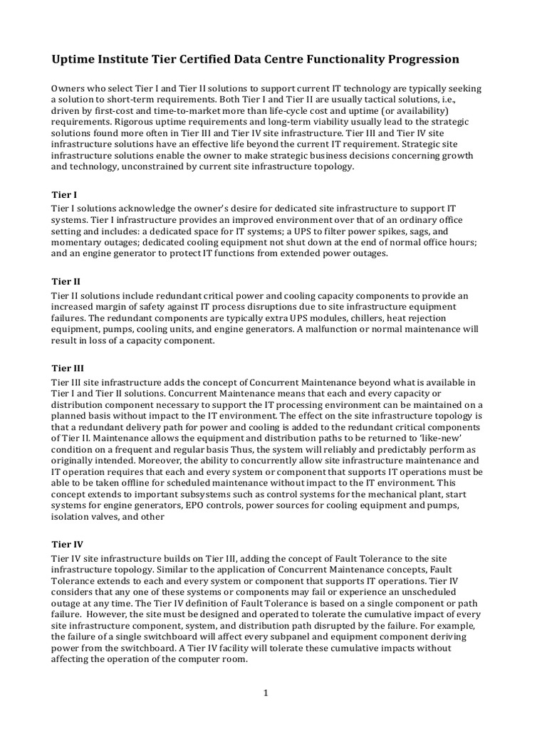 Uptime Institute Tier Certified Data Centre Cheat Sheet v1.3 | PDF | Data Center | Fault Tolerance