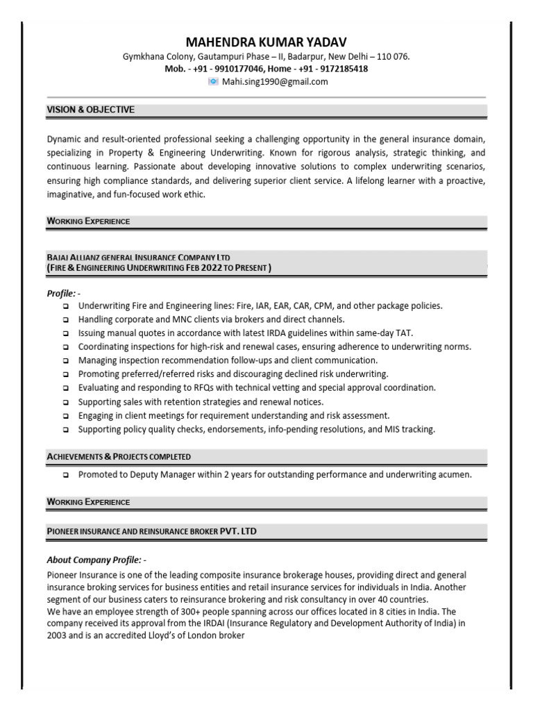 Mahendra Yadav UW Resume | PDF | Underwriting | Insurance