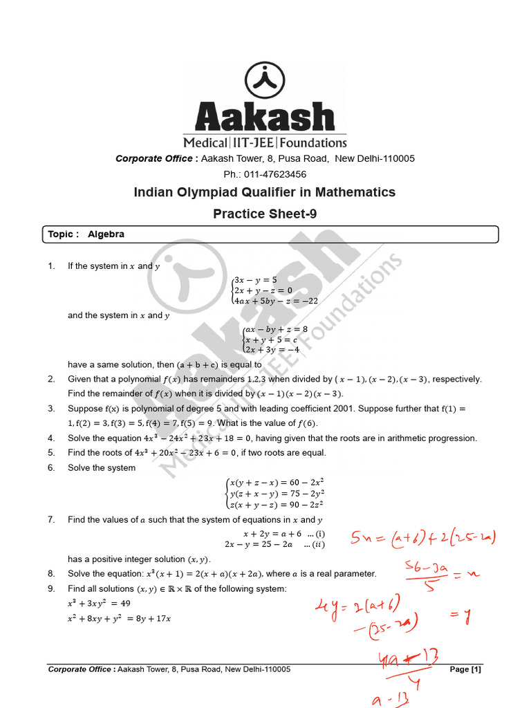 IOQM Practice Sheet-9 (Only Que.) | PDF | Polynomial | Zero Of A Function