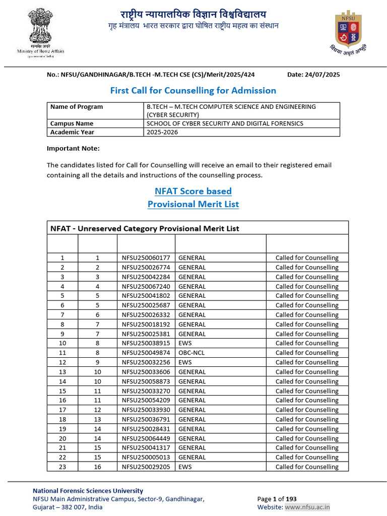 Nfat Btech Mtech GNR 2526 Merit List 2025 Digitally Sign | PDF | Academic Degree | Science