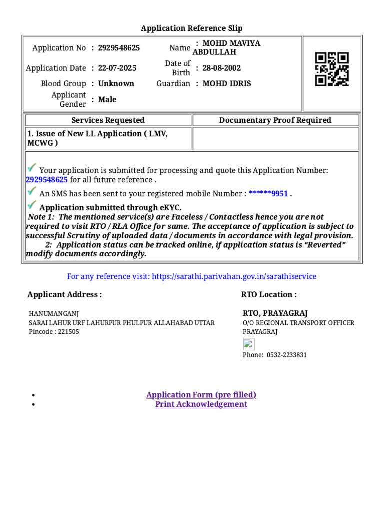 Application Reference Slip for LL | PDF