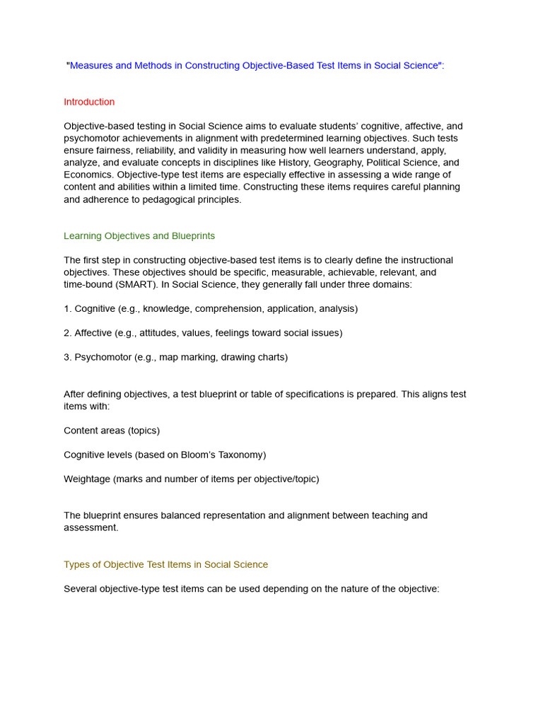 Measures and Methods in Constructing Objective-Based Test Items in ...