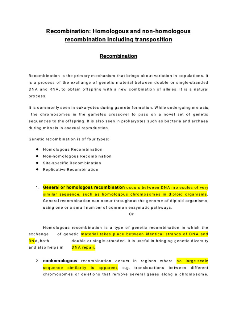 Homologous vs Non-Homologous Recombination | PDF | Molecular Genetics ...