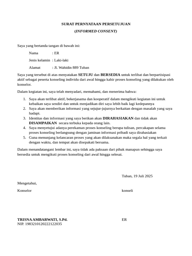 Surat Persetujuan Konseling Individu | PDF