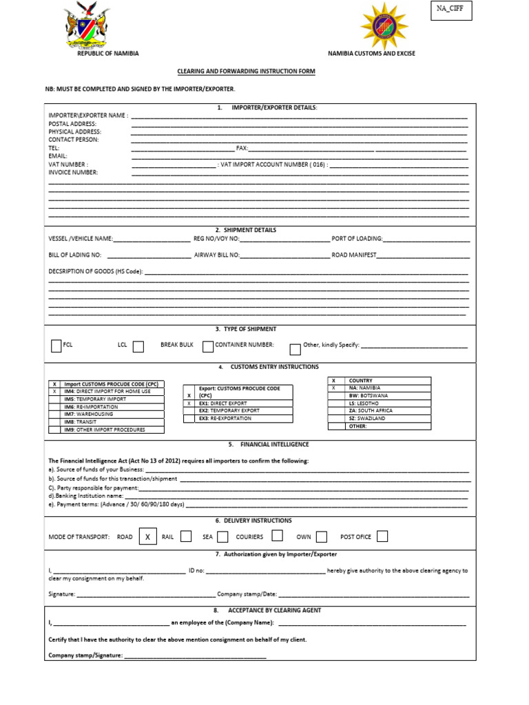 Namibian Clearing and Forwarding Instruction Form | PDF | Customs ...
