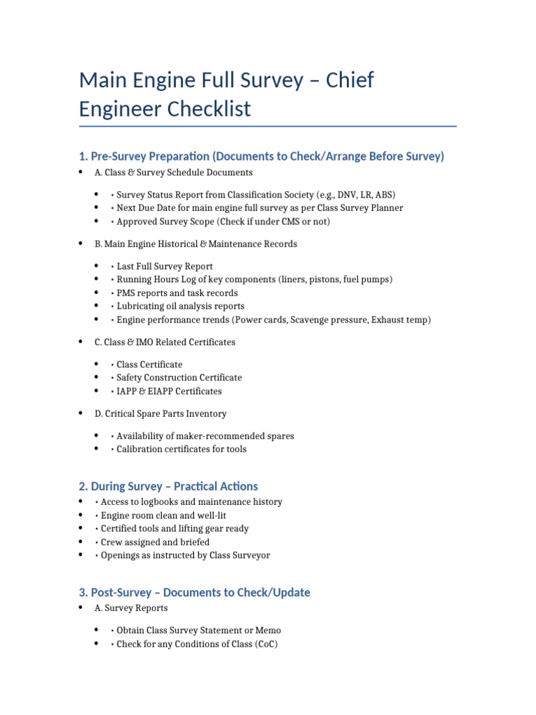Main Engine Full Survey CE Checklist | PDF