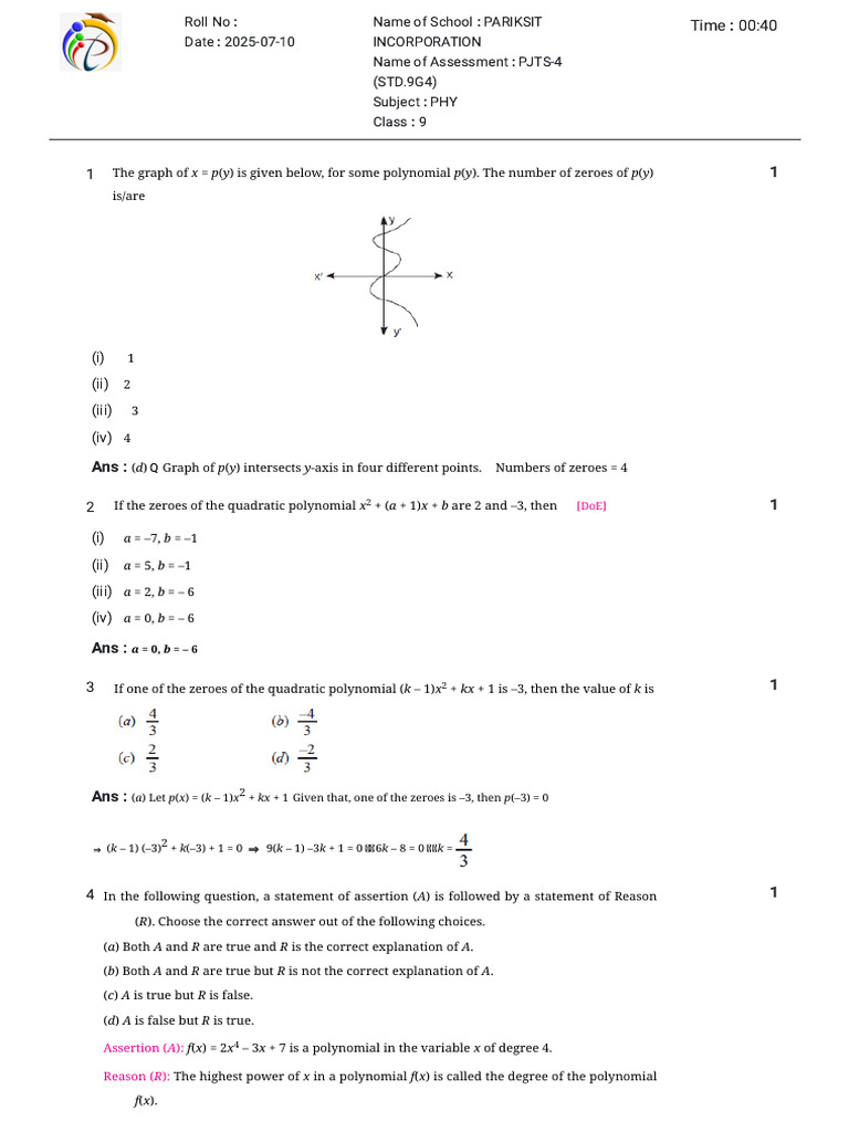 Polynomial and Quadratic Assessments | PDF | Polynomial | Numbers