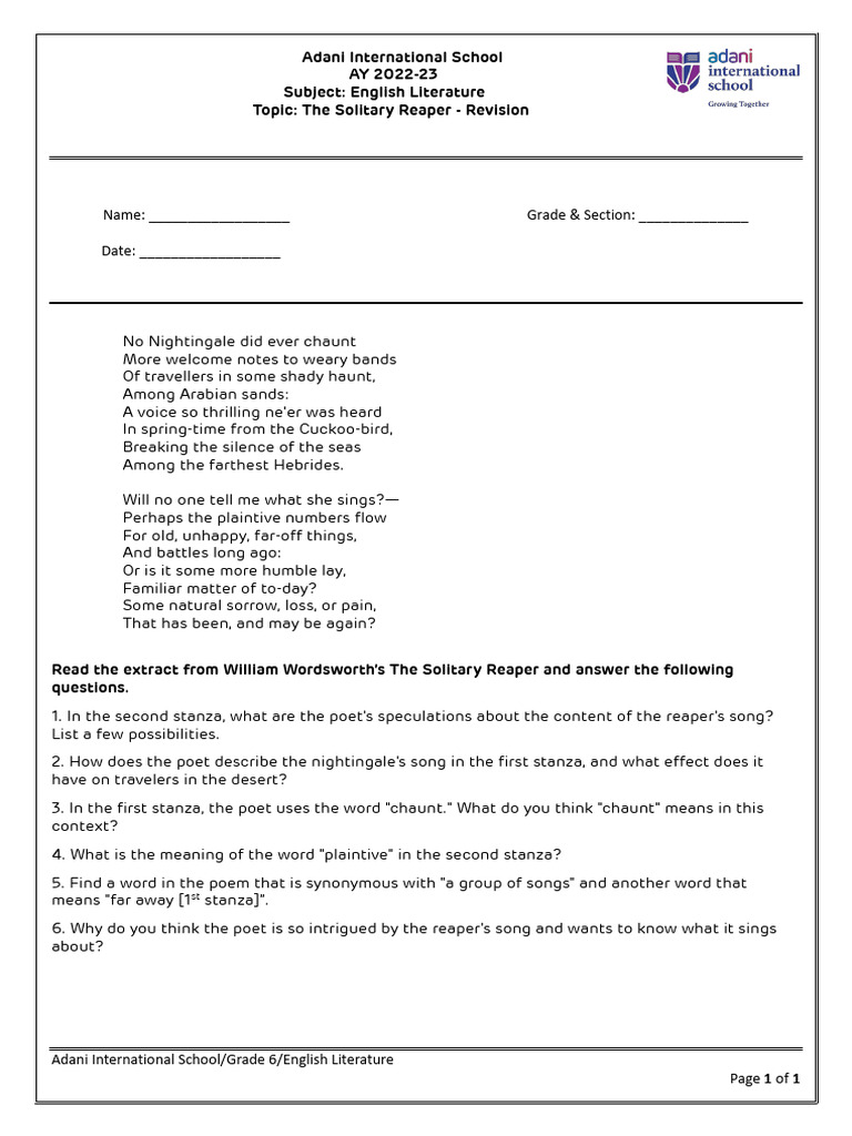 Solitary Reaper: Poem Analysis Guide | PDF