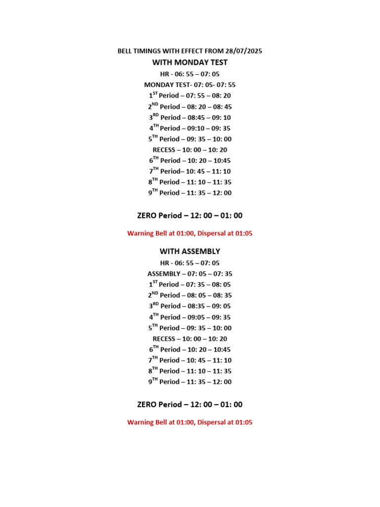 School Bell Timings from 28/07/2025 | PDF