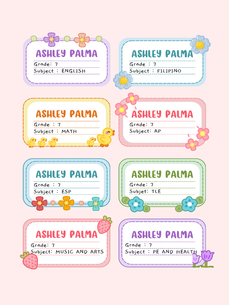 Colorful Pastel Cute Name Label School A4 Document | PDF