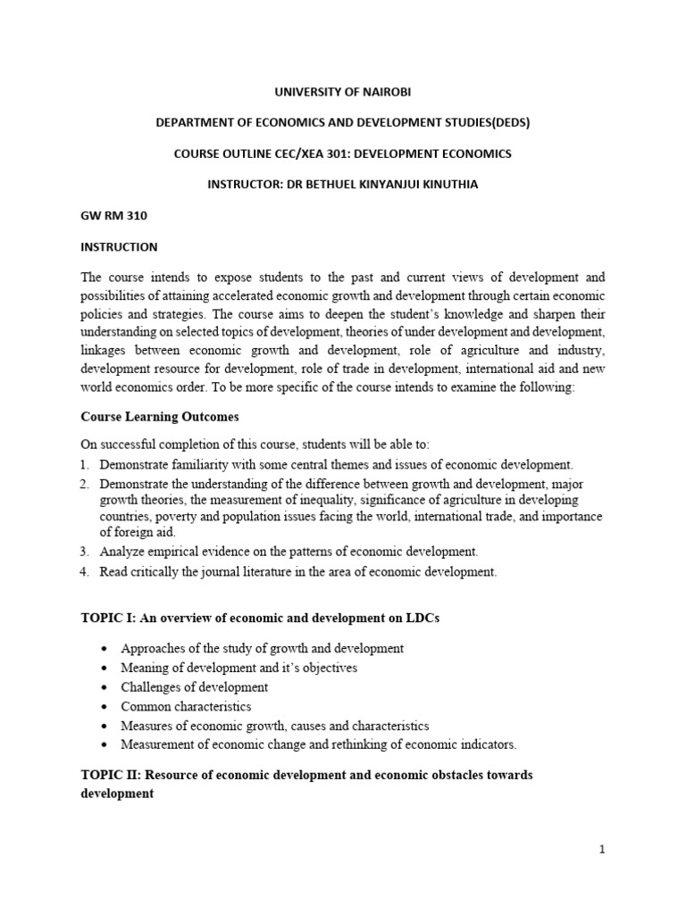 Course Outline 301 Development Economics | PDF | Economics | Development Economics