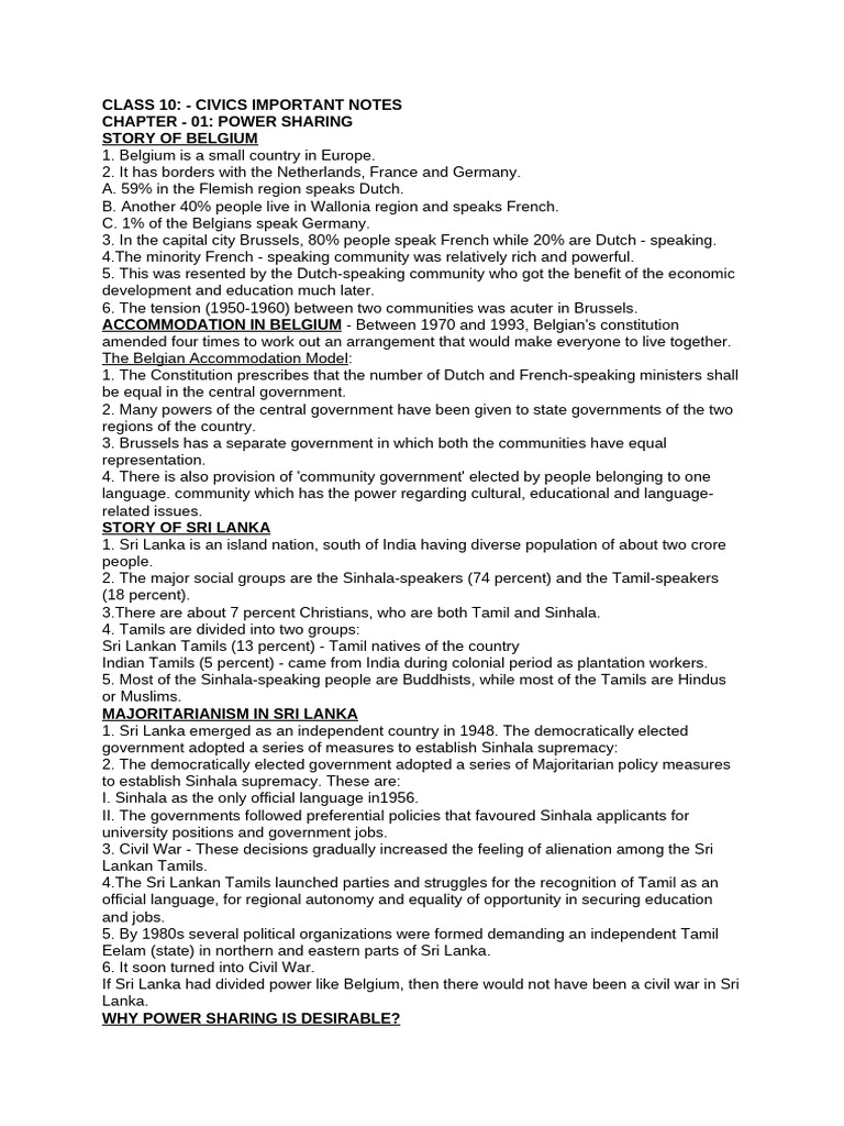 G-10 CH-1 Power Sharing Notes | PDF | Sri Lanka | Belgium