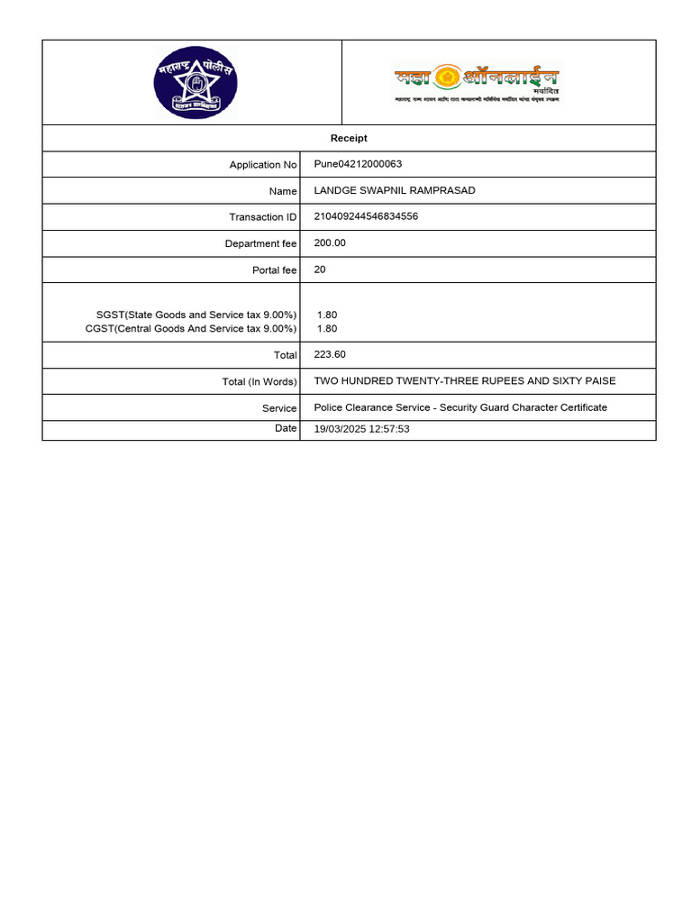 Pune04212000063 Reciept | PDF