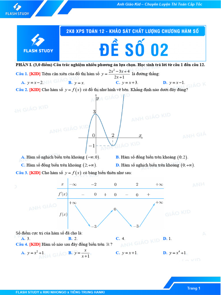 ĐỀ KHẢO SÁT CHẤT LƯỢNG 2K8 ĐẦU NĂM CHƯƠNG HÀM SỐ - ĐỀ SỐ 02 -ĐỀ | PDF