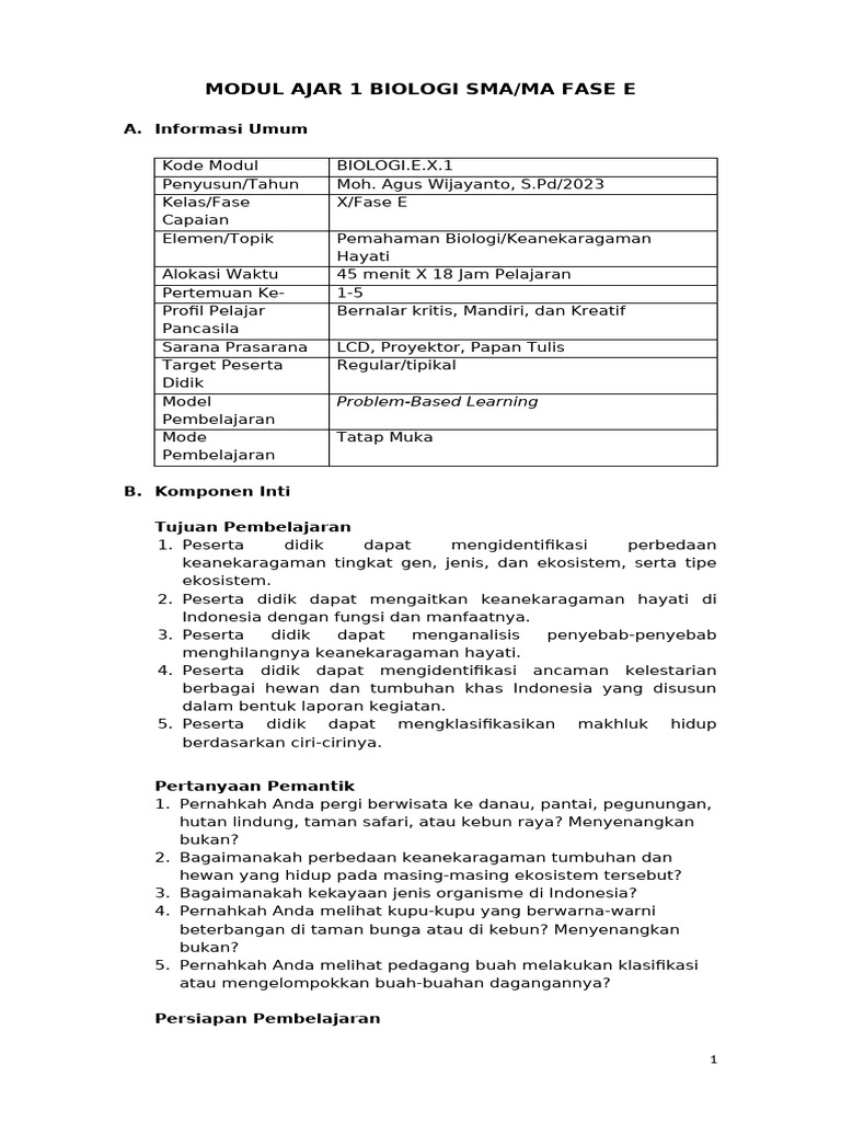 Modul Ajar Ipa Biologi Sma Kelas x Bab 1 Agus | PDF