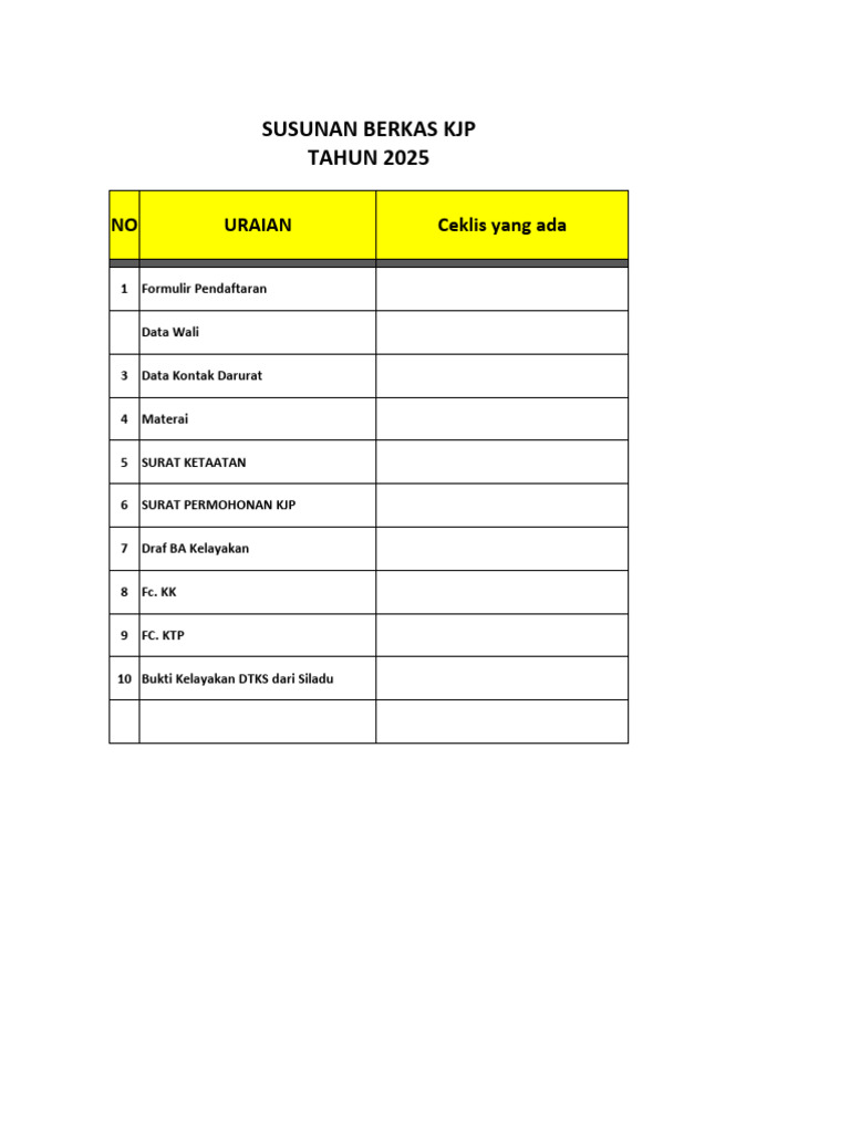 Daftar Susunan Berkas KJP | PDF
