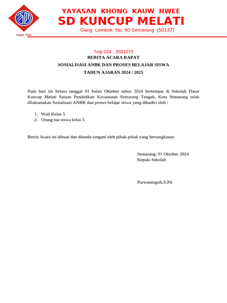 Sosialisasi ANBK SD Kuncup Melati 2024 | PDF
