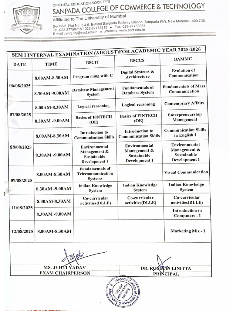 Sem I, III, V Internal Examination TT Term 1 | PDF