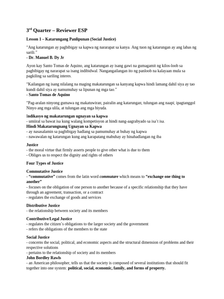 3rd Quarter ESP Reviewer | PDF | Applied Philosophy | Justice
