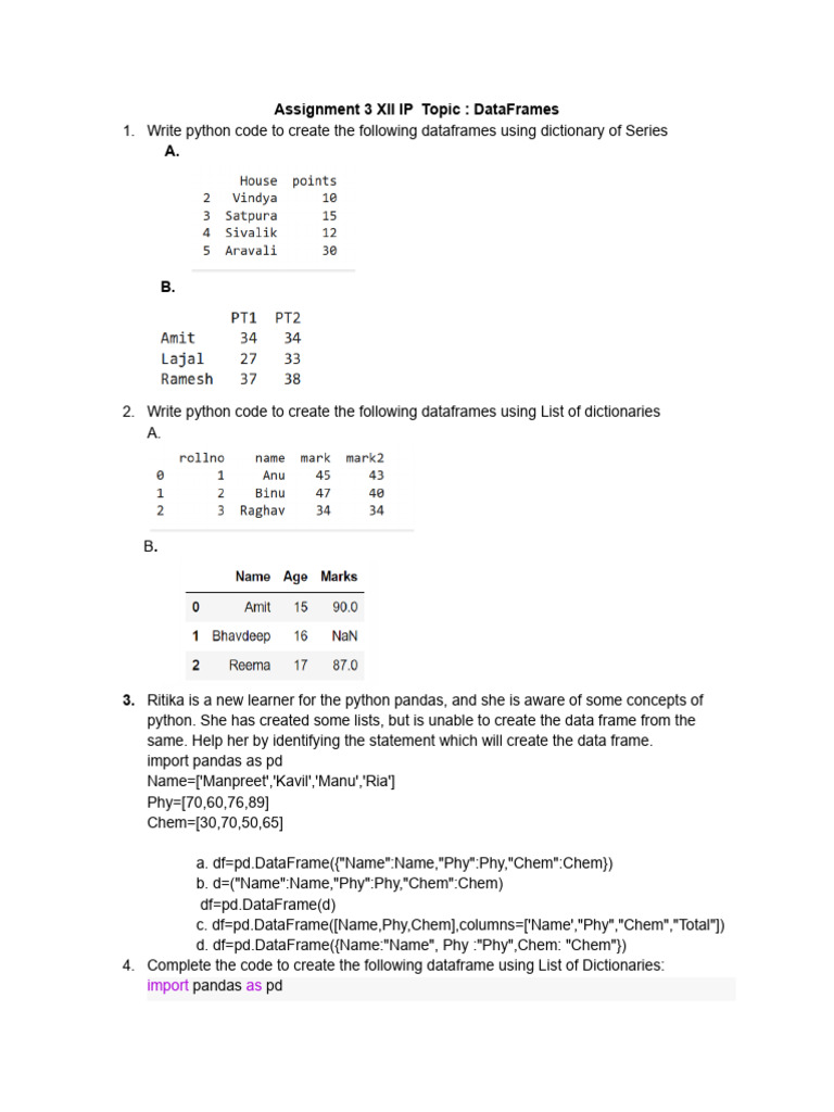 Assignment3 XII IP DataFrames | PDF