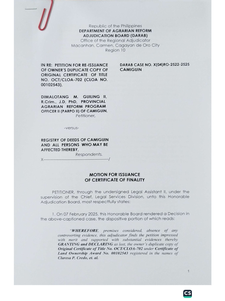Motion For Issuance of Certificate of Finality CLOA 702 | PDF